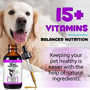 15 in 1 Dog Multivitamin Drops, Dog Multivitamin Liquid Supplements with Glucosamine & Probiotics, Dog Vitamins for Heart Health, Bones, Joint, Skin & Coat, Bladder, Immune System Support