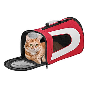 IRIS USA Large Soft Sided Carrier with Shoulder Strap, Sturdy Collapsible Water Resistant Cat Dog Pet Carrier with Padded Bottom and Top Handle for Travel Road Trip, Red