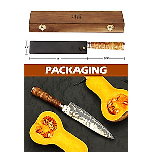 YOUSUNLONG Chef Knife - 8'' Blade Japanese Handmade Copper Damascus Steel - Professional Chef's Knife - Razor Sharp Slicing Knife - Naturel Burl Wooden Handle with Leather and Acacia Wood Box