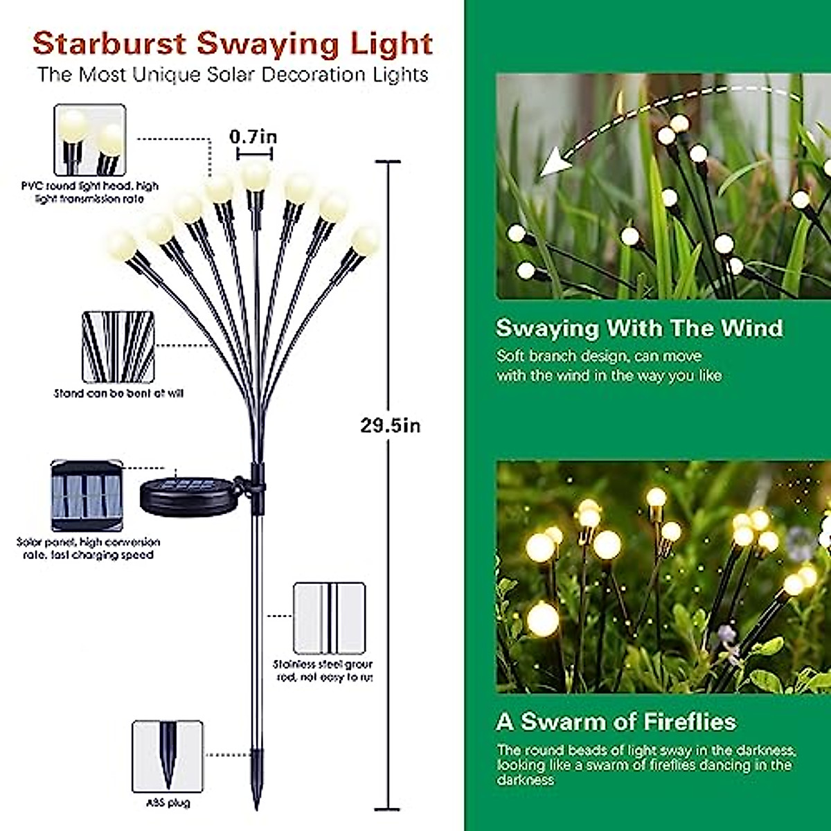 Firefly Solar Garden Lights Outdoor: 4 Pack Solar Firefly Lights Waterproof Lights, 8LED Vibrant Firefly Starburst Swaying Lights,Solar Powered Firefly Lights Applicable to Decoration Planter Outdoor