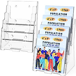 MaxGear Brochure Holder 4 Tier 6x9 inch Brochure Display Stand Flyer Holder Acrylic Brochure Holders Clear Pamphlet Holder Display Stand Literature Holder Wall Mount or Countertop, 2 Pack