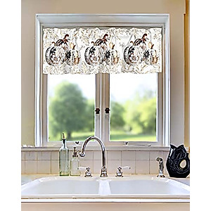 Window Curtain Valances for Kitchen Windows,Fall Flower Texture Ceramic Pumpkin Rod Pocket Short Window Valance Gold Line Leaves on White Treatment Valance for Living Room/Bathroom/Bedroom,42x18in