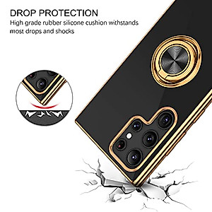 BENTOBEN Samsung S22 Ultra Case, 360° Ring Holder Kickstand Support Car Mount Elegant Plating Edge Slim Shockproof Soft TPU Protective Phone Cover for Samsung Galaxy S22 Ultra 6.8" 2022, Black/Gold