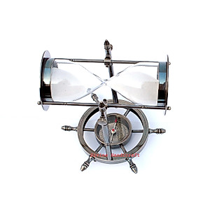 Nautical Maritime Black Antique Full Brass Sand Timer Hourglass with Wheel Compass Base