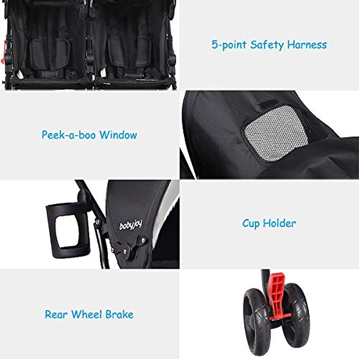 HONEY JOY Double Stroller, Compact Lightweight Stroller Side by Side, Adjustable Canopy, Cup Holder & Storage Bag, Travel Stroller for Airplane, Foldable Twin Umbrella Stroller for Infant and Toddler