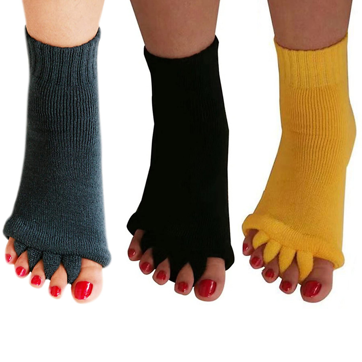 AIBEARTY 3 Pairs Yoga Sport Gym Five Toe Separator Socks Foot Alignment Pain Massage Toeless Socks