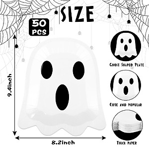 TWOWYHI 50Pcs Halloween White Ghost Paper Plates Disposable White Ghost Shaped Dessert Dinner Plates for Halloween Themed Party 9.8 x 8.7Inch