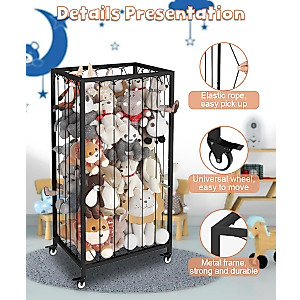 Ardier Stuffed Animal Storage Organizer with Wheels, Stuffed Animal Zoo Shelf with Elastic Rope for Nursery, Play Room, Bedroom, Kids Plush Toy Holder for Boys and Girls, Black.