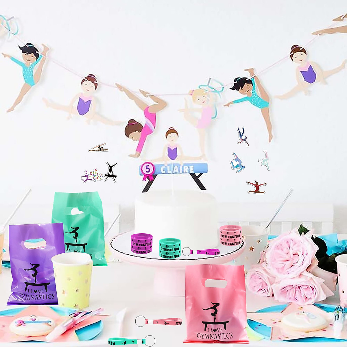 BANBALLON 98 Gymnastics Party Favors, Gymnastics Keychain Goodie Bags with Rubber Bracelets, Button Pins, Bags and Stickers for Gymnastics Theme Birthday Party Supplies Baby Shower Holiday