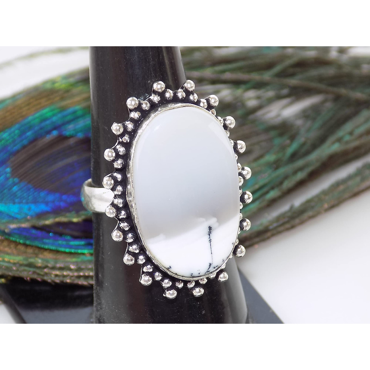 Dendritic Opal Ring, Silver Plated Ring, Handmade Ring, Women Ring Jewelry, Adjustable Ring, (Size- 7.5 USA) BRS-388