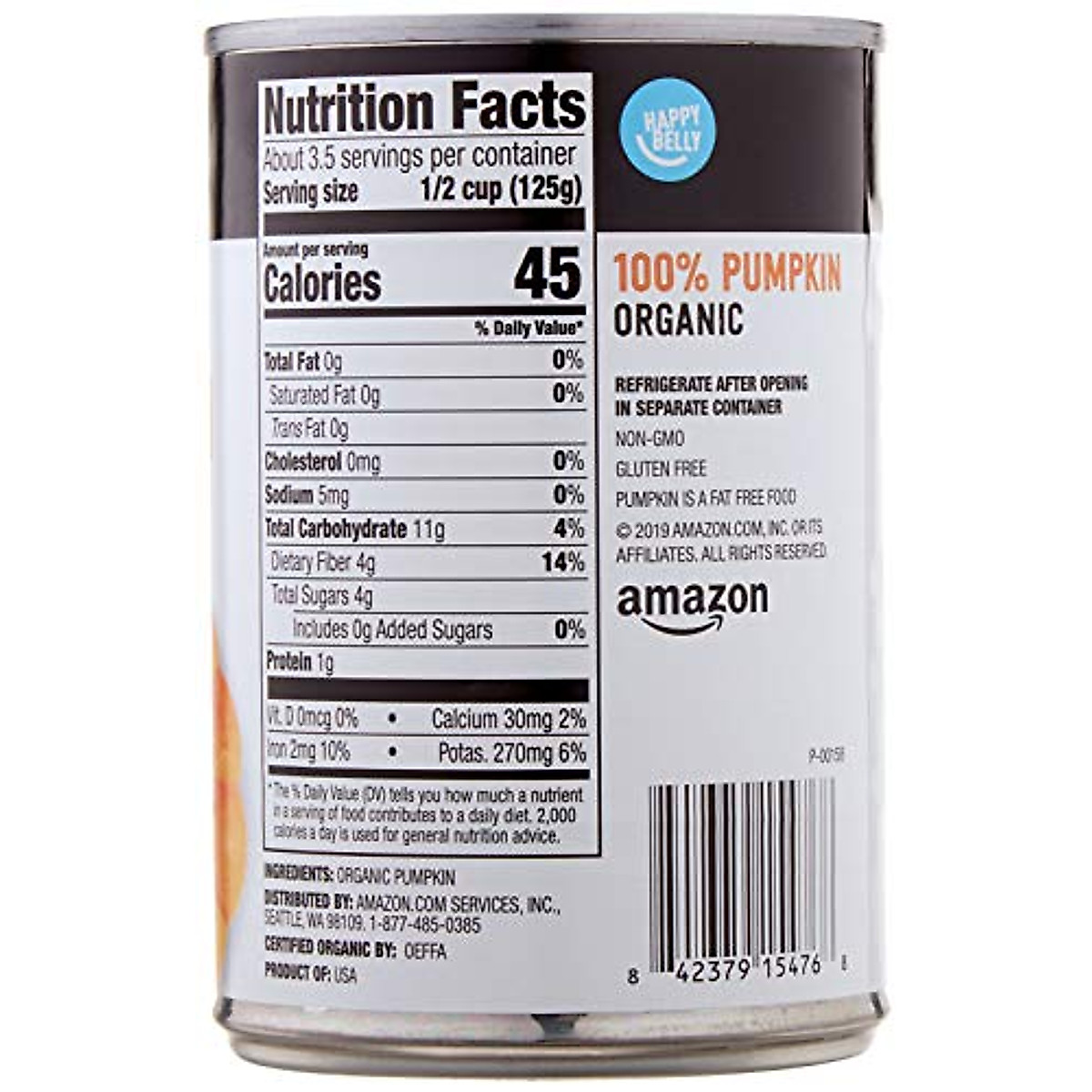 Amazon Brand - Happy Belly Organic 100% Pumpkin, Canned, 15 ounce (Pack of 1)