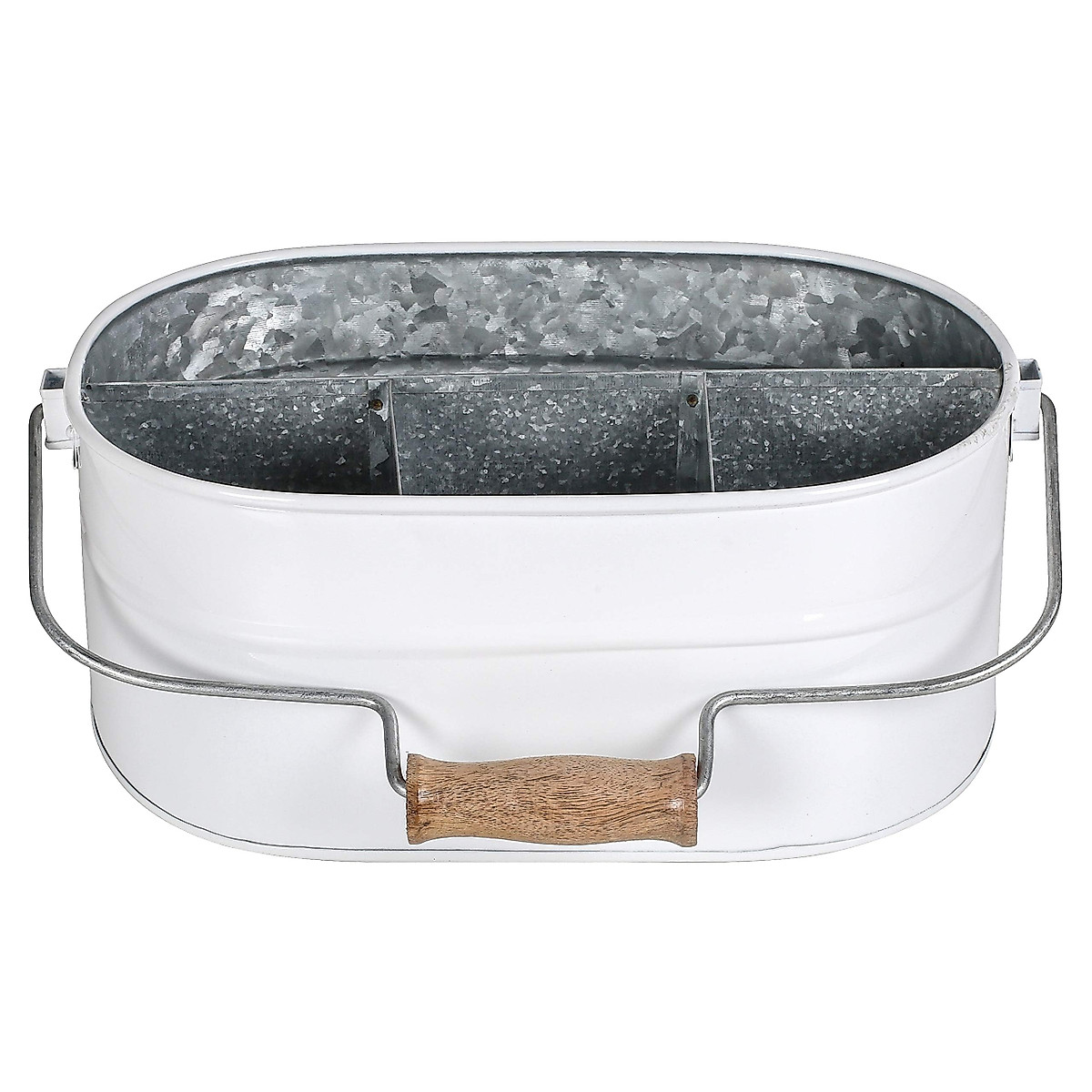 Bedding Craft Farmhouse Utensil Caddy -All Serveware - Galvanized Metal Organizer for Kitchen Counter,Metal Caddy,Wooden Handle Indoor/Outdoor Storage For Flatware, Condiments, Party Cutlery - White