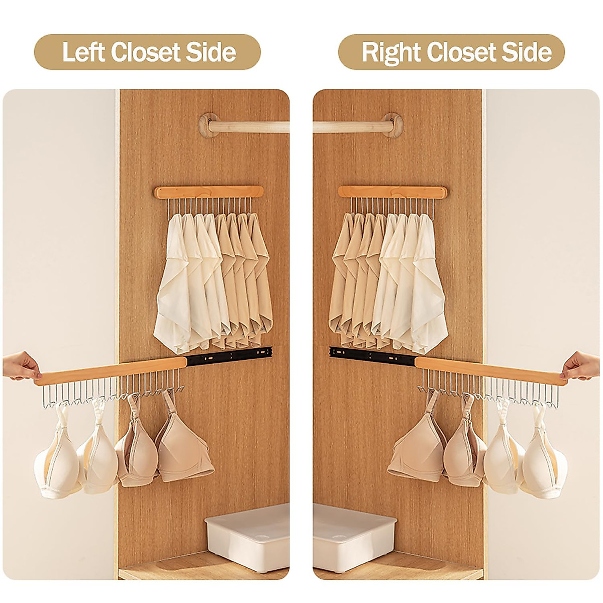 Pull Out Belt Rack for Closet, Sliding Hooks Hanger Rack for Bras Ties Tank Top Scarf Jewelry, Space Saving Organizr for Wardrobe Cabinet, Left Side 8 Hooks Rail, 2 Pcs