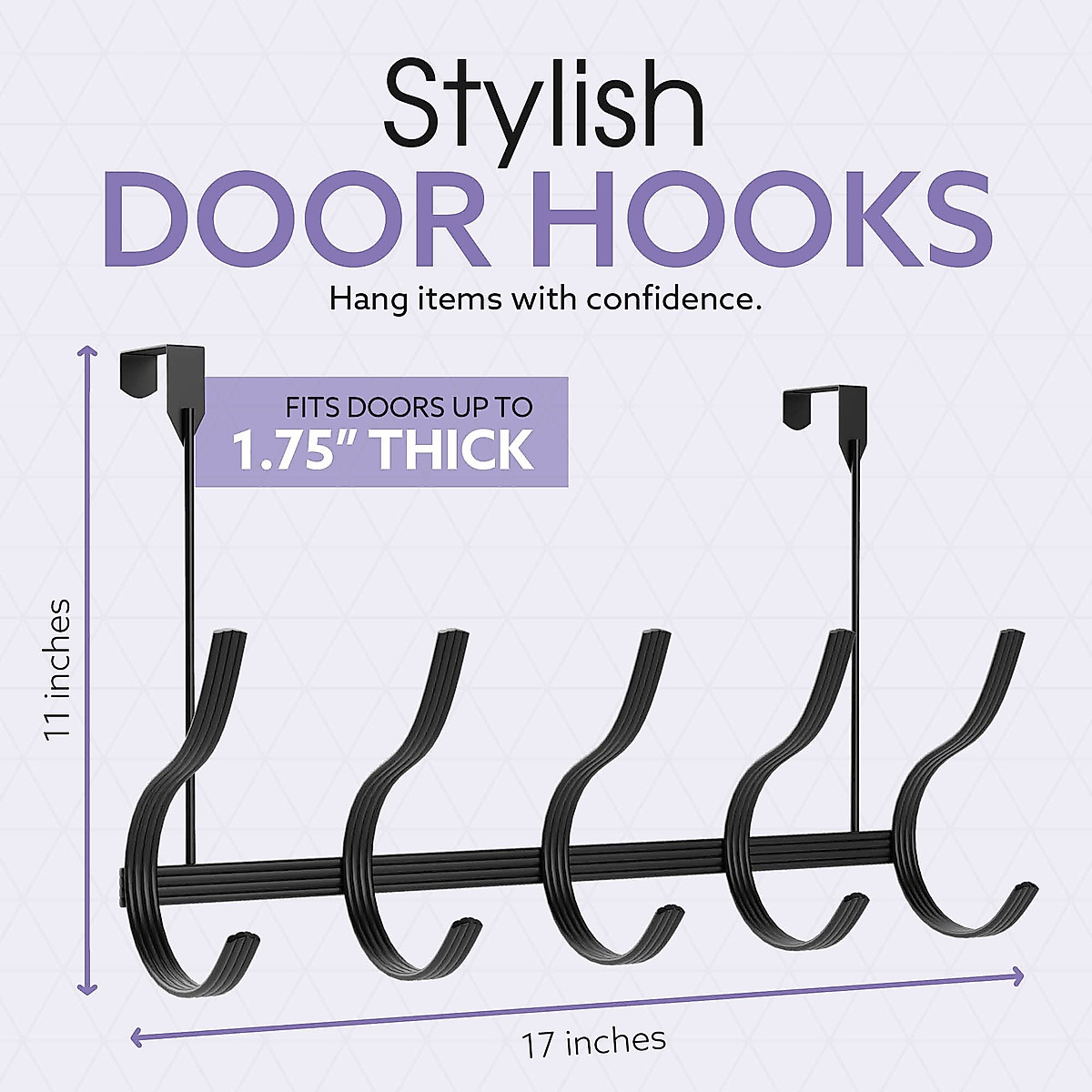Richards Over The Door Hooks - Stainless Steel and Heavy-Duty Hanger for Clothes, Coat, Towel, Bag, Robe, Hat and Purse | 17x3x10 inches | Austin - Black