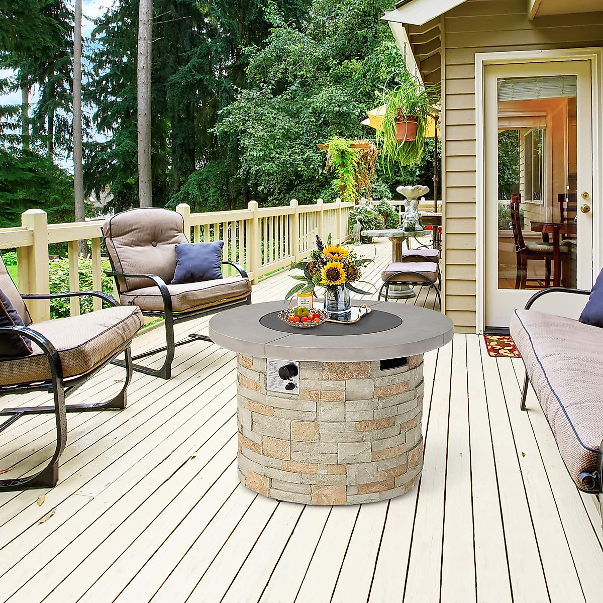 Tangkula 50,000 BTU Propane Gas Fire Pit Table, Patiojoy 36” Round Propane Firepit with Removable Lid, Volcanic Rock & PVC Cover, Outdoor Fire Pit Table with Faux Stone Surface for Patio, Backyard