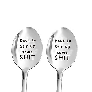 ALONURISH 2PCS Funny Laser Engraved Spoons, Bout To Stir Up Some Shit, Christmas Birthday Gifts for Mom/Grandma/Grandpa/best Friend, 7*1.57 inches, Silver, YANG-N99