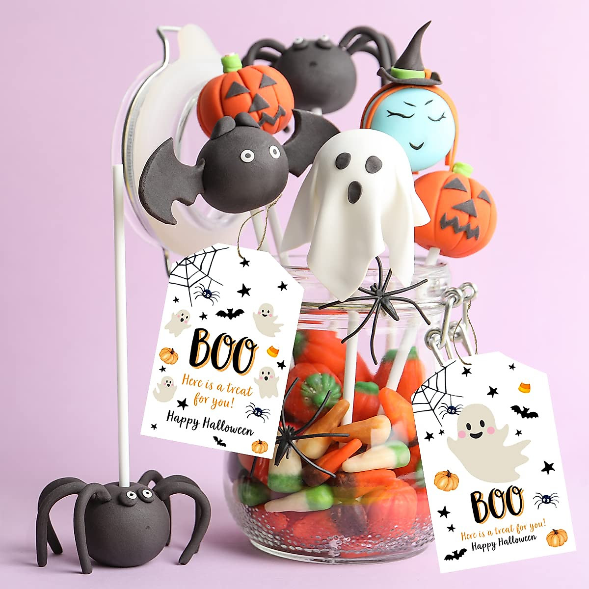 Halloween Tag Decoration 50PCS Halloween Ghost Tag with Jute String Trick or Treat Happy Boo Day for Halloween Party Gift Wrapping Candy Bag Decoration