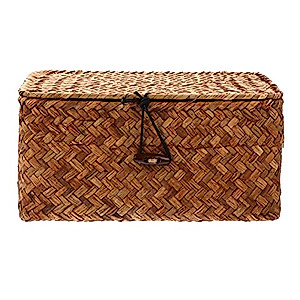 Seagrass Woven Storage Box Wicker Basket Storage Bins with Lid Laundry Rattan Organizer Box Home Desktop Makeup Organizer for Shelf