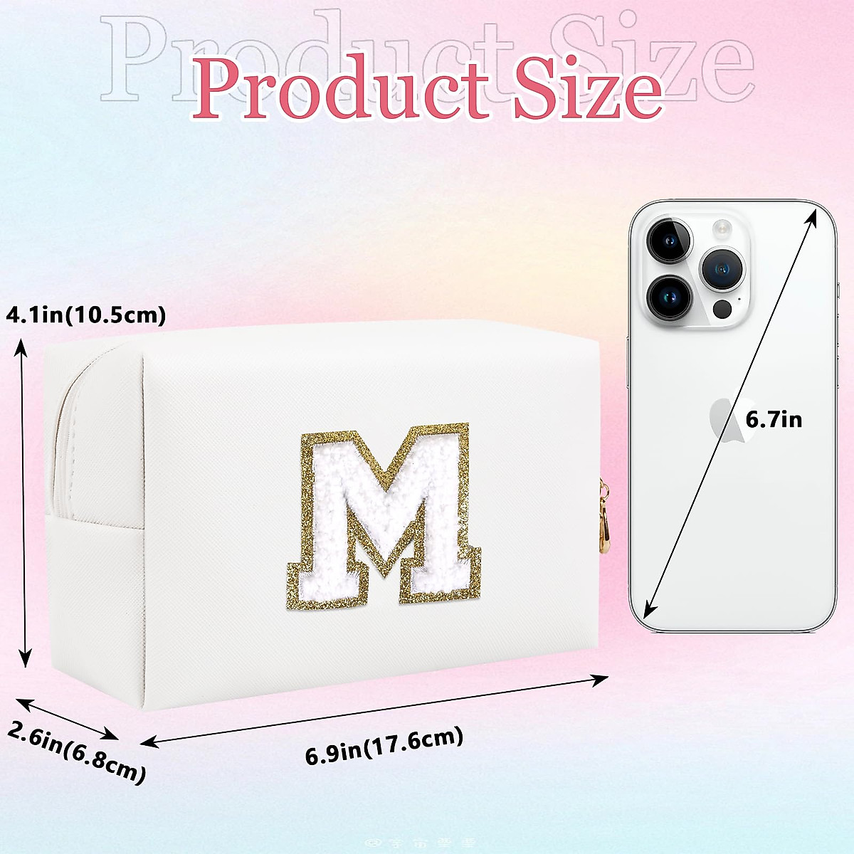 HENGNI Small Personalized Letter Makeup Bag, Cute PU Leather Chenille Letters Cosmetic Bag Travel Makeup Pouch, Preppy Travel Organizer Zipper Pouch for Women&Girls（White-M）