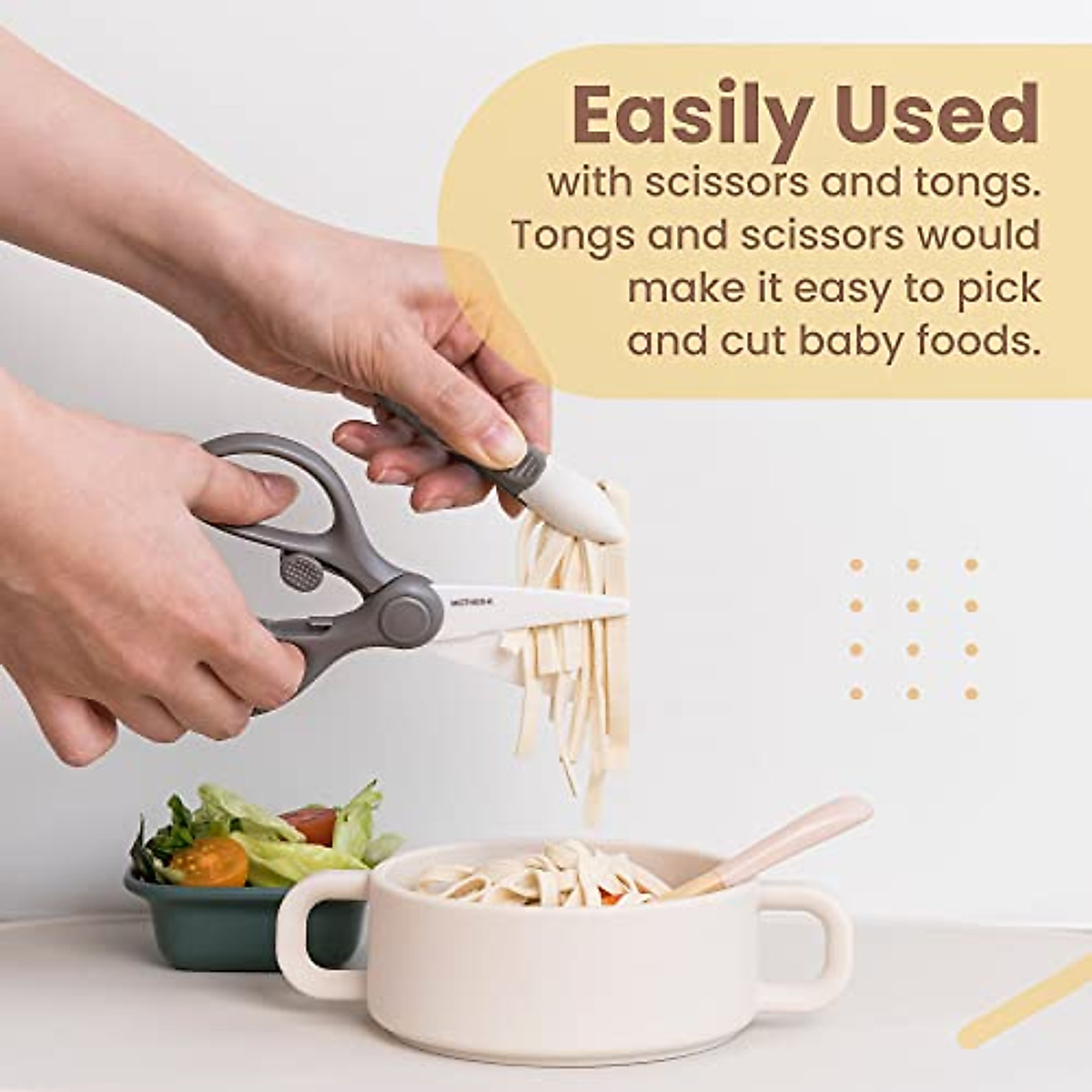 MOTHER-K Portable Ceramic Scissors with Tong Set, Ceramic Scissors for Baby Food with Protective Blade Cover and Portable Case, Safety Lock (GREY)