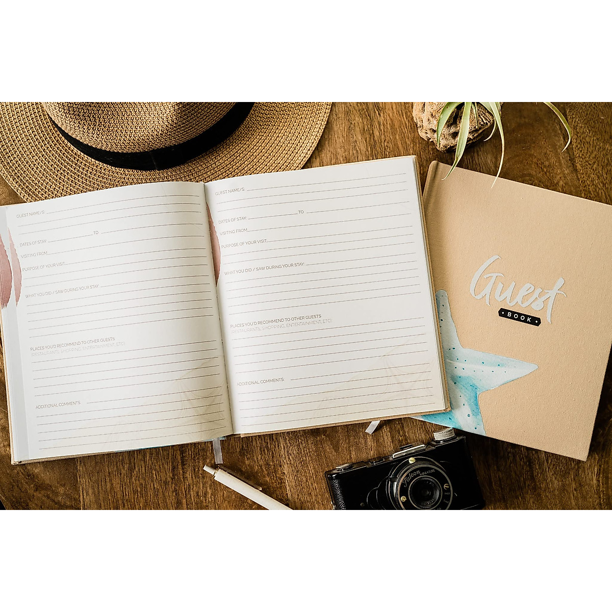 Paper 'n Such Guest Book for Vacation Home, Hardcover Linen Beige Guestbook, Vacation Rental Essentials, Visitor Sign in Book, Beach House Welcome Book for Short Term Rentals, Host Gift