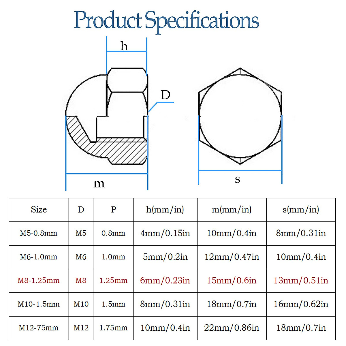 M8-1.25mm Acorn Hex Cap Nut,Dome Cap Head Nuts Nylon Hexagon Decorative Crown Cap Fasteners,Black Tone 30pcs