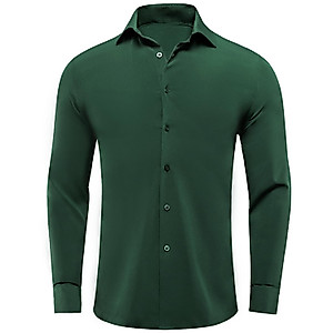 Hi-Tie Hunter Green Long Sleeve Dress Shirts for Men Stretch Solid Woven Button Down Athletic Fit No Iron Shirt 15.5 Neck