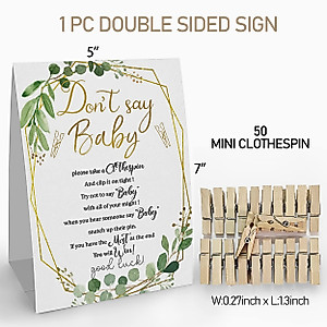 Don't Say Baby Clothespin Games Sign(1 Sign + 50 Mini Clothespins), Green Gold Eucalyptus, Baby Shower Games, Baby Shower Decoration, Gender Neutral Baby Shower-(1A)