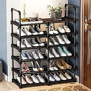 KIMCHOMERSE Shoe Rack, 6 Tiers Shoe Storage Organizer Shelf, Adjustable Light Metal Tubes Shoe Stand, Durable Large Free Standing Shoe Rack for Closet Doorway Hallway Entryway -Black