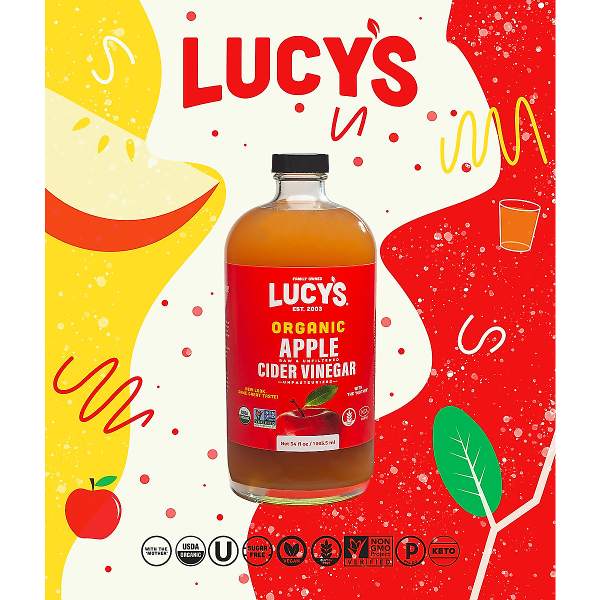Lucy's Family Owned - USDA Organic NonGMO Raw Apple Cider Vinegar, Unfiltered, Unpasteurized, With the Mother, 34oz Glass Bottle (2 Pack)