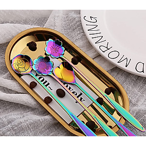 Diaertiny 12Pcs Flower Spoon Long Handle Coffee Dessert Stirring Ice Teaspoons Gold, Rose Gold, Rainbow Cocktail Stainless Steel Spoons for Bar Home Office Party