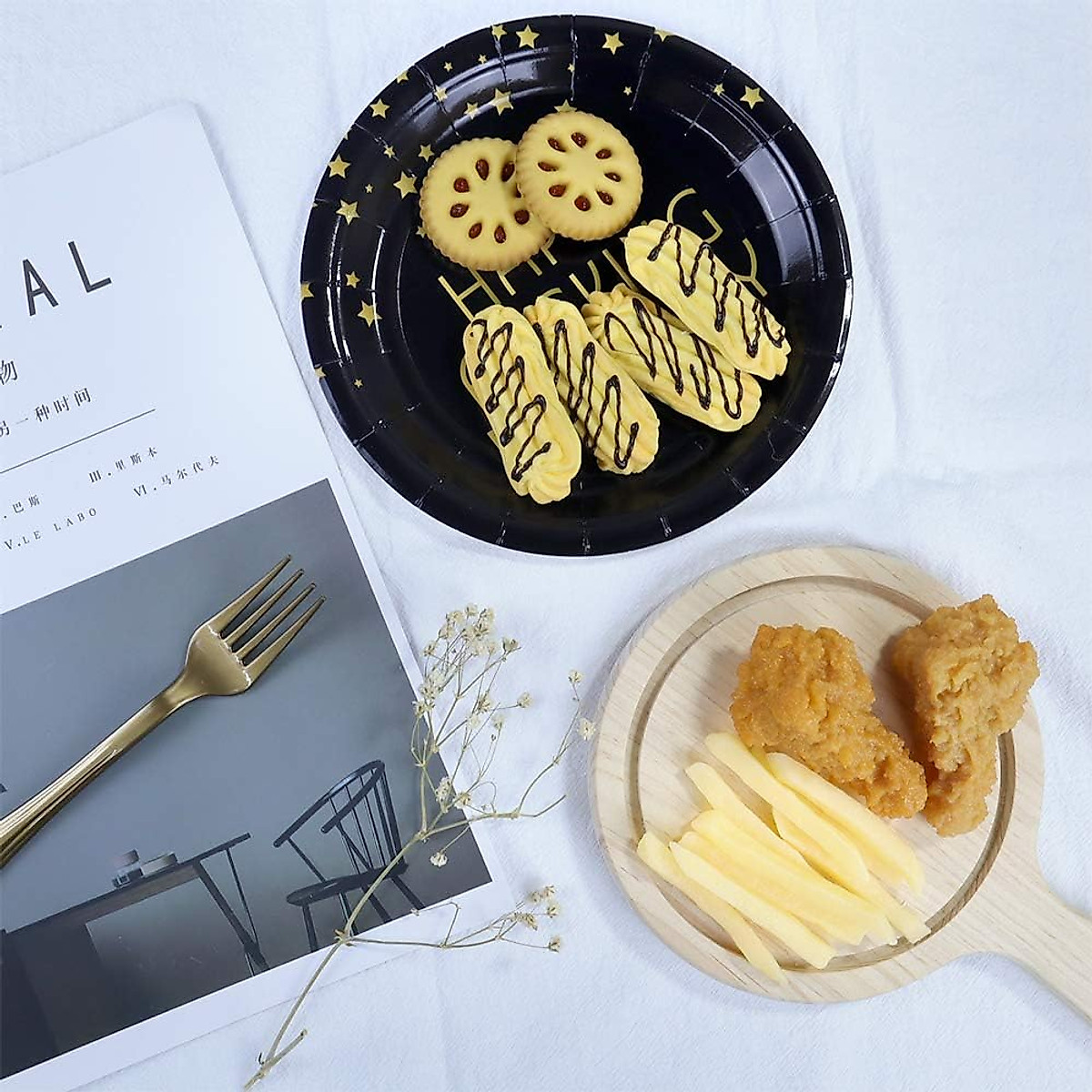 Pandecor Black and Gold Happy FING Birthday party supplies,50PCS Disposable Paper Plates 7 Inch Cake Plates for Adult Funny Birthday Party