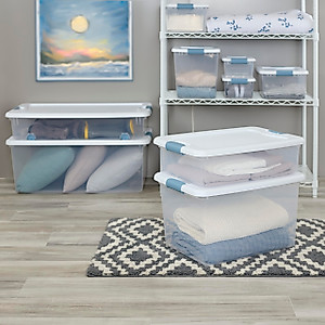 Sterilite 56 Qt Wheeled Latching Storage Box, Stackable Bin with Latch Lid, Plastic Container to Organize Shoes Underbed, Clear with White Lid, 8-Pack