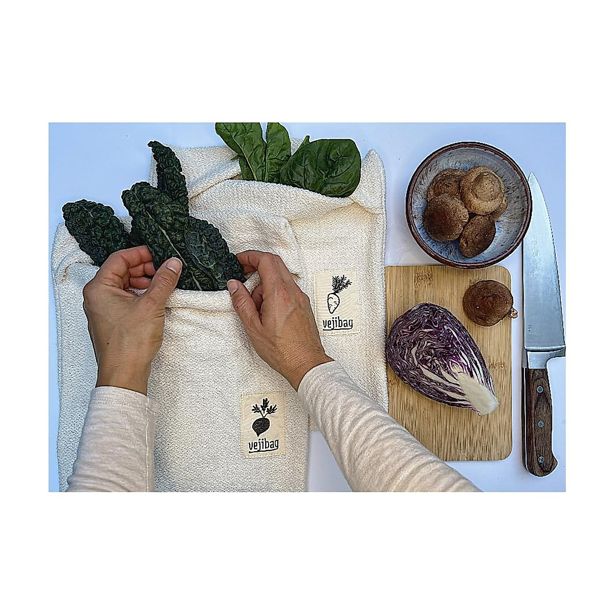 VEJIBAG Variety Pack | Certified Organic Cotton Vegetable Crisper Bags | Made in USA | 3 Bags-Standard, Large,Extra Large | Plastic Free