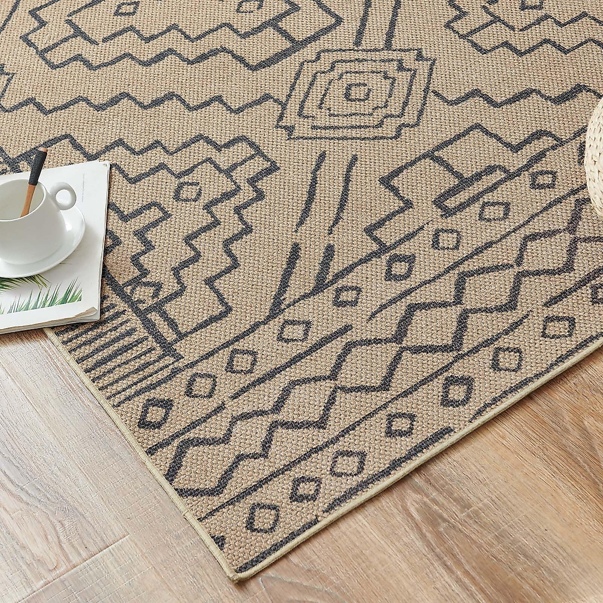 jinchan Area Rug 4x6 Entryway Recycled Boho Chic Jute Rug Indoor Outdoor Floor Cover Print Geometric Black Accent Carpet for Living Room Bedroom Dining Room Patio Garden