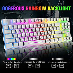 Wireless Gaming Keyboard Mouse and Wrist Rest Set with 87 Key Rainbow Backlight Rechargeable 3800mAh Battery Mechanical Feel Anti-ghosting Ergonomic Waterproof Mute Mice for PC Mac Gamer (White Mix)