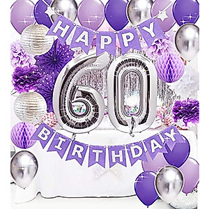 60th Birthday Decorations for Women Purple Silver Women 60 Birthday Happy Birthday Banner Purple Silver Latex Balloons Polka Dot Paper Fans/Purple 60th Birthday Decorations for Women