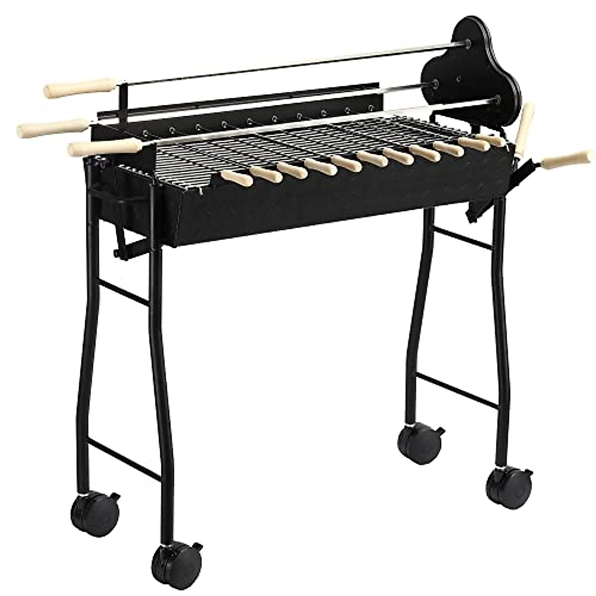 Outsunny Portable Charcoal BBQ Grills Steel Rotisserie Outdoor Cooking Height Adjustable with 4 Wheels Large/Small Skewers Portability for Patio, Backyard, Black