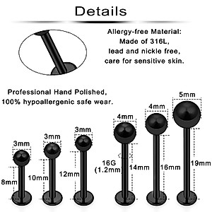 Ftovosyo 12Pcs 16G Different Sizes Flat Back Stud Stainless Steel Labret Ashley Medusa Monroe Dimple Cheek Lip Rings Studs Piercing Jewelry for Women Men Bar Length 8mm-19mm Black