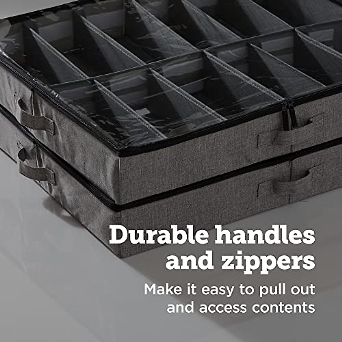 Low Profile Under Bed Shoe Storage Organizer, 4.5'' Tall and Fits Beds 5'' Off the Floor, Adjustable Dividers, Underbed Shoe Storage Solution - Set of 2 (Dark Grey)