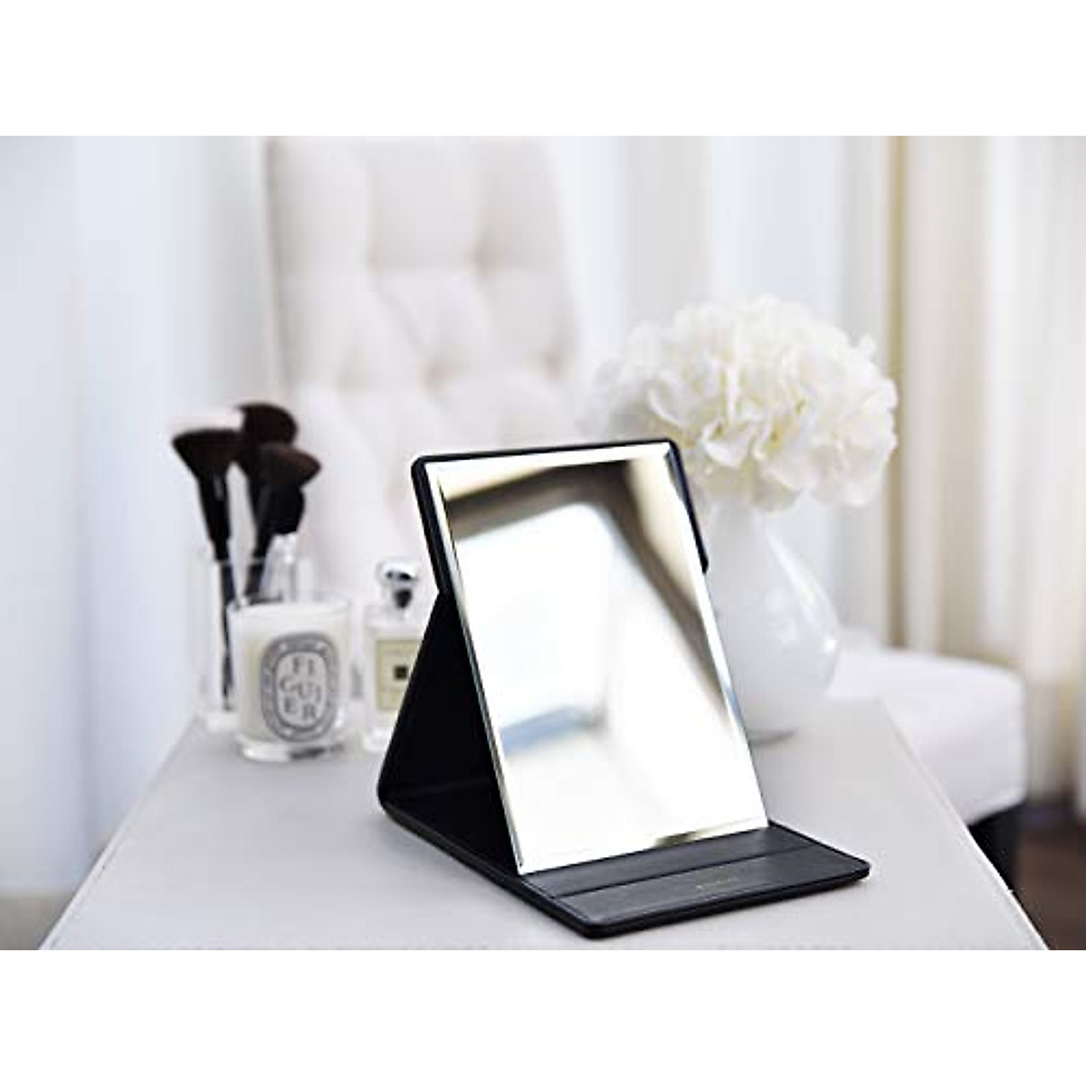 MODESSE Premium Portable Makeup Mirror (Black) | Perfect for Travel, Home Vanity, Office Desk | Large Size, Folding Design with Stand for Tabletop, Vegan Leather | Beauty Gifts for Bridesmaids