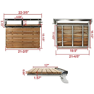 Amarine-made Teak Folding Shower Seat - Wall Mounted - Solid Wood Fold Down Spa Bench (21-5/8"x15"x1.7")