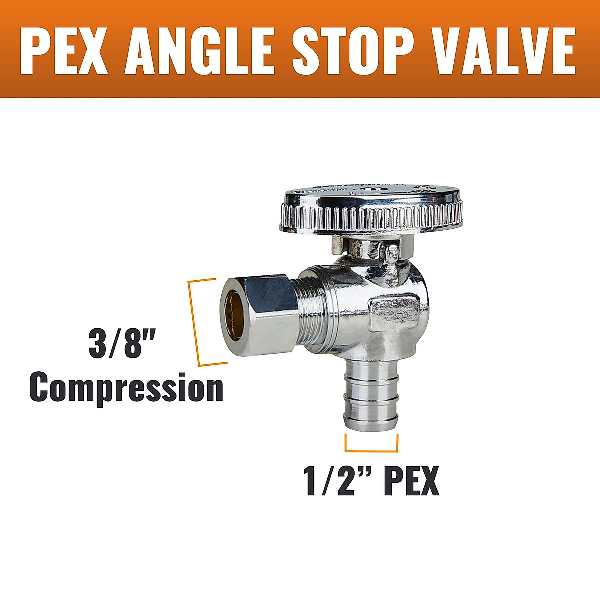SUNGATOR 6-Pack Angle Stop Valve, 1/2" PEX x 3/8" OD Compression, Quarter Turn Chrome Plated, 1/2 inch Pex Shut Off Valves for Faucet and Toilet, UPC Certified
