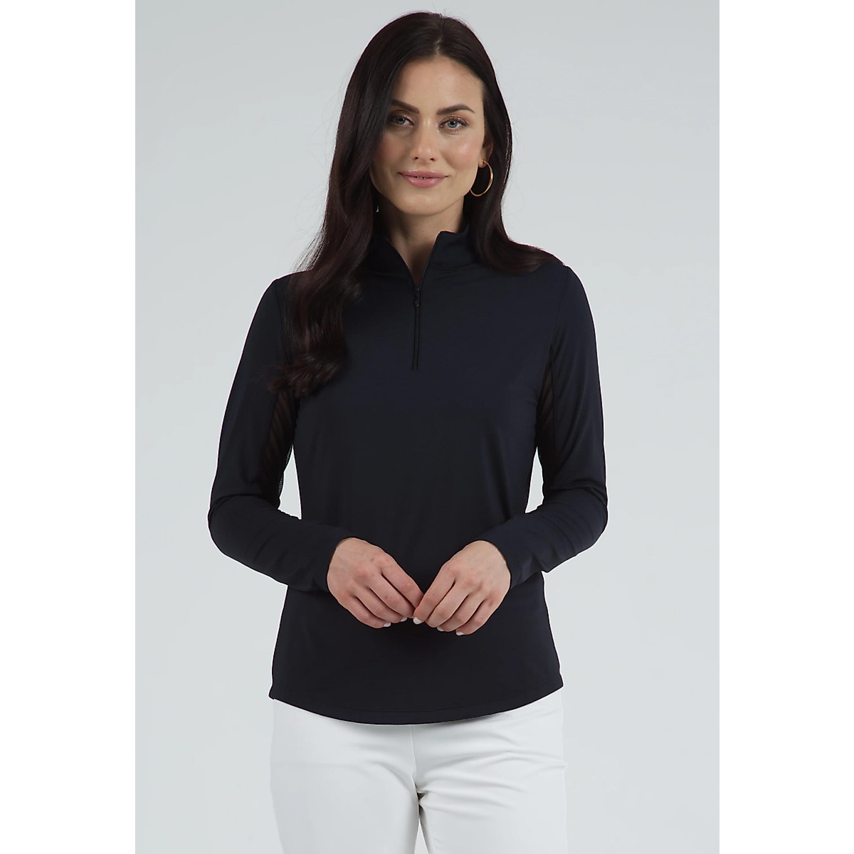 IBKUL Athleisure Wear Sun Protective UPF 50+ Icefil Cooling Tech Long Sleeve Mock Neck Top with Under Arm Mesh 80000 Seafoam Solid S