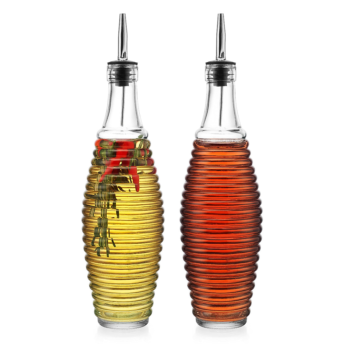 MosJos Oil and Vinegar Dispenser - Large 20 oz Ribbed Glass Olive Oil & Vinegar Dispenser Set - Non-Drip, BPA-Free, Dishwasher Friendly Bottles with Stainless Steel Spouts