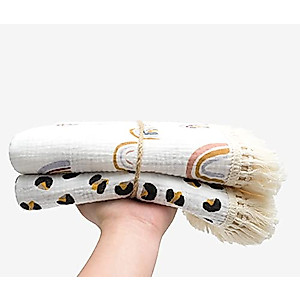 CHUNGEL Cotton Baby Muslin Tassles 40"x 47", Baby Receiving Blanket with Fringe, Boho Muslin Swaddle Blanket with Fringe - Rainbow