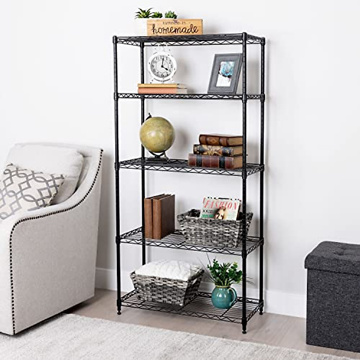 Seville Classics Solid Steel Wire Shelving Storage Unit Adjustable Shelves Organizer Rack, for Home, Kitchen, Office, Garage, Bedroom, Closet, Black, 5-Tier, 30" W x 14" D (New Model)