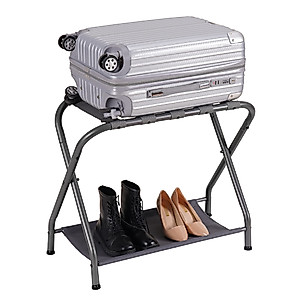 Heybly Luggage Rack,Pack of 2,Steel Folding Suitcase Stand with Storage Shelf for Guest Room Bedroom Hotel,Gray,HLR002G2