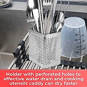 Stainless Steel Utensil Holder for Kitchen Counter - Perforated Kitchen Utensil Holder for Countertop Chopstick Spoon Spatula Holder Dryer Rack with Hooks - Utensil Caddy for Cooking Utensils Holder