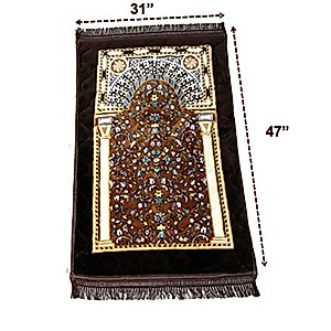 Eid Gift Premium Luxury Ultra-Soft Prayer Rug Seccade Sajjada Soft for Knees Ankles Prayer Carpet Mat with Non-Slip underlayment Free Bag + Free Prayer Beads Tasbih Rug Size 47"x31" (Brown)